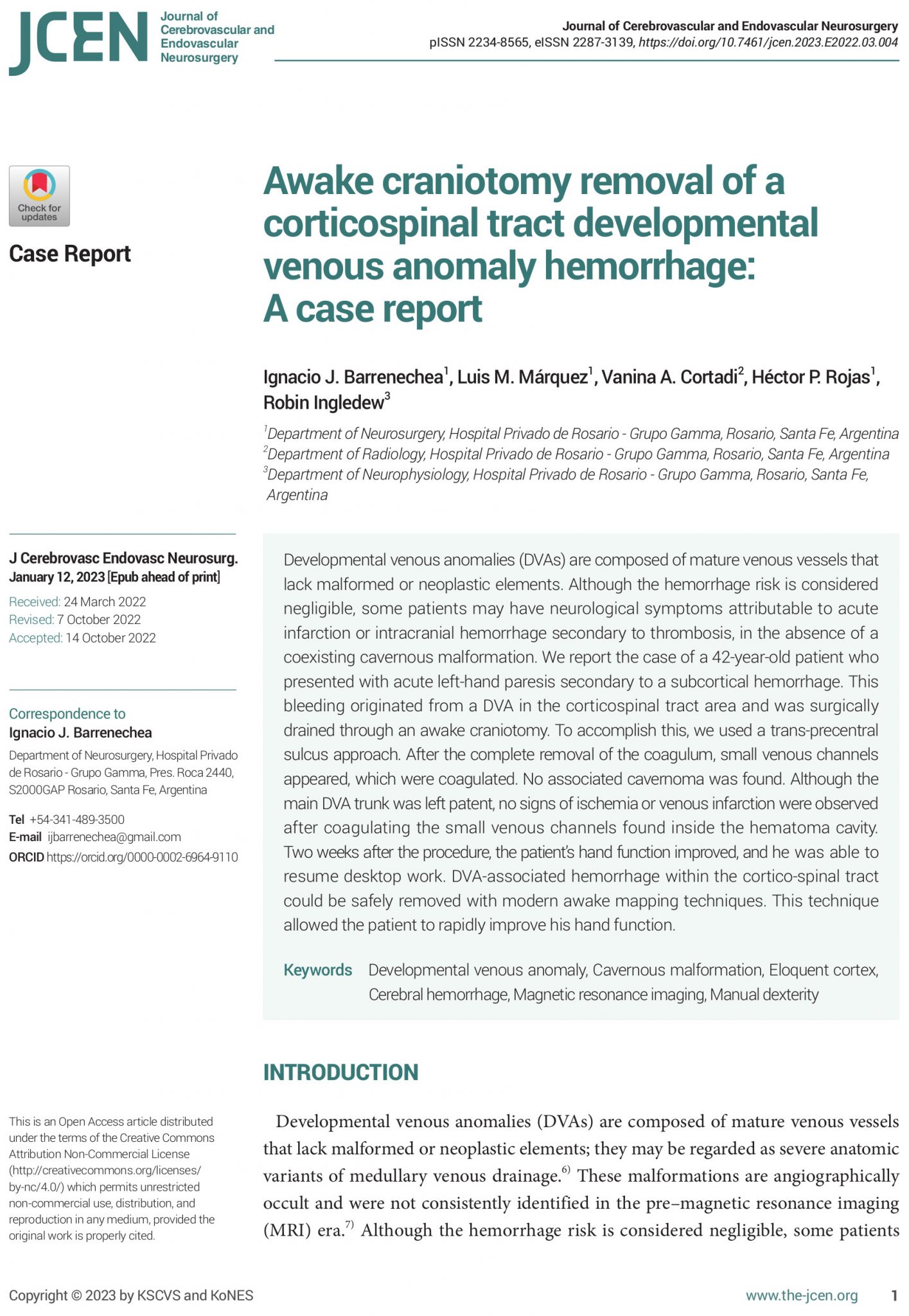 Awake craniotomy removal of a corticospinal tract developmental venous ...
