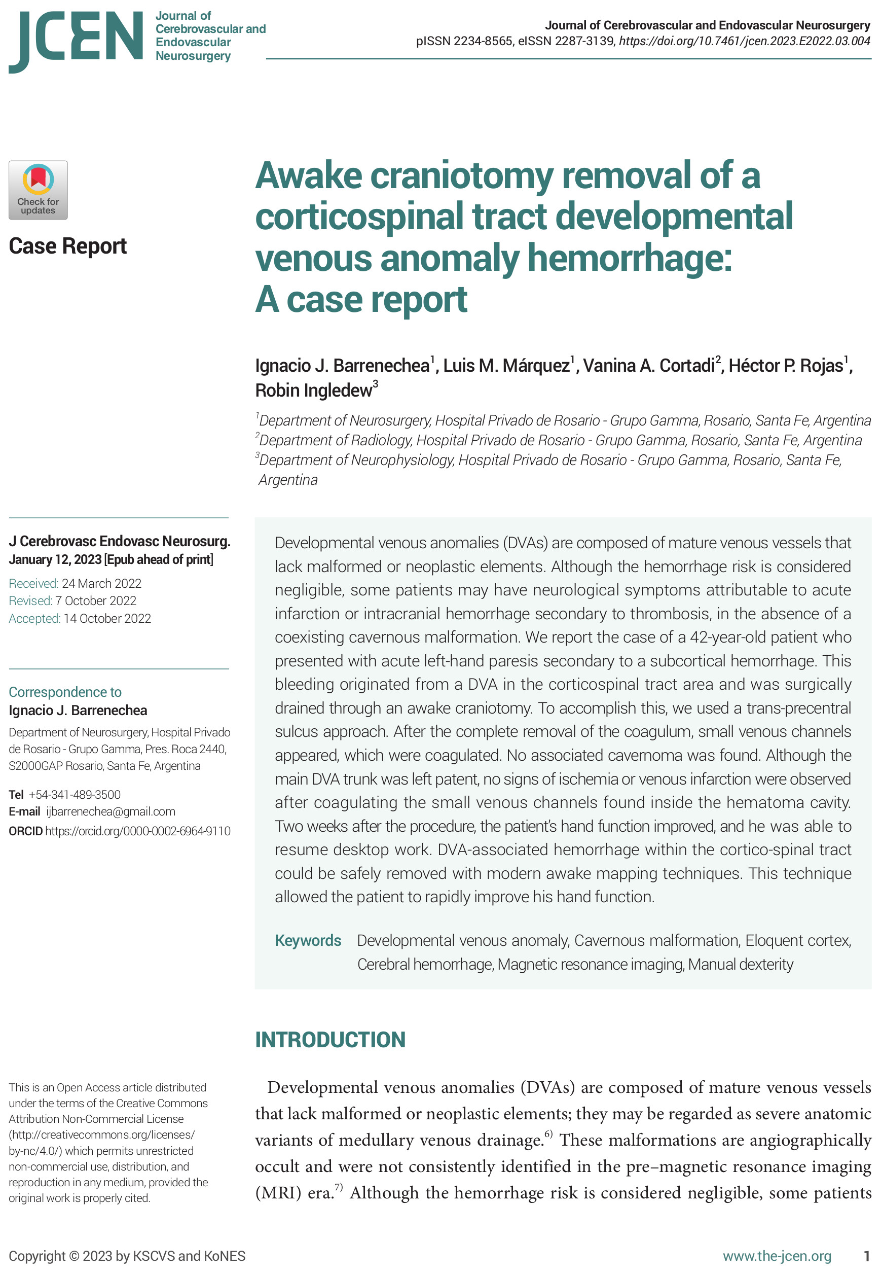 Awake craniotomy removal of a corticospinal tract developmental venous anomaly hemorrhage: A ...